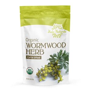 Halo Naturals Organic Wormwood Herb 4 oz Cut & Sifted (Artemisia absinthium) USDA Certified Organic Wormwood Tea | Non-GMO | Vegan| Resealable Pouch| Packaged in the USA (4 Ounces (Pack of 1))