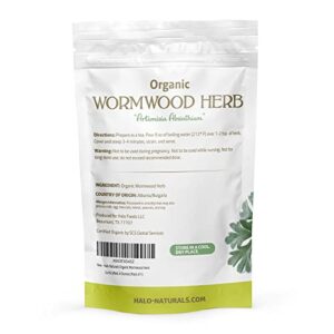 Halo Naturals Organic Wormwood Herb 4 oz Cut & Sifted (Artemisia absinthium) USDA Certified Organic Wormwood Tea | Non-GMO | Vegan| Resealable Pouch| Packaged in the USA (4 Ounces (Pack of 1))