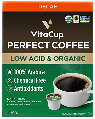 VitaCup Organic Perfect Dark Roast Decaf Coffee Pod for Pure & Clean Energy & Antioxidants from Low Acid, Guatemala Single Origin in Recyclable Single Serve Pod compatible w/ Keurig K-Cup Brewers,16CT