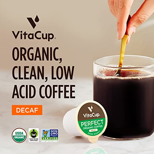 VitaCup Organic Perfect Dark Roast Decaf Coffee Pod for Pure & Clean Energy & Antioxidants from Low Acid, Guatemala Single Origin in Recyclable Single Serve Pod compatible w/ Keurig K-Cup Brewers,16CT