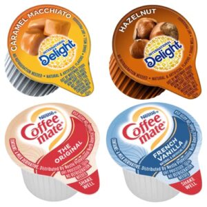 96 count single serve coffee cream creamer, 4 flavor varieties, coffee mate and international delight creamers mixed set, french vanilla, original, hazelnut, and caramel macchiato (24 piece/flavor)