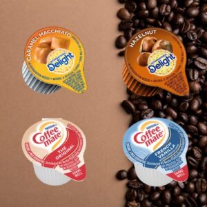 96 Count Single Serve Coffee Cream Creamer, 4 Flavor Varieties, Coffee Mate and International Delight Creamers Mixed Set, French Vanilla, Original, Hazelnut, and caramel macchiato (24 Piece/Flavor)