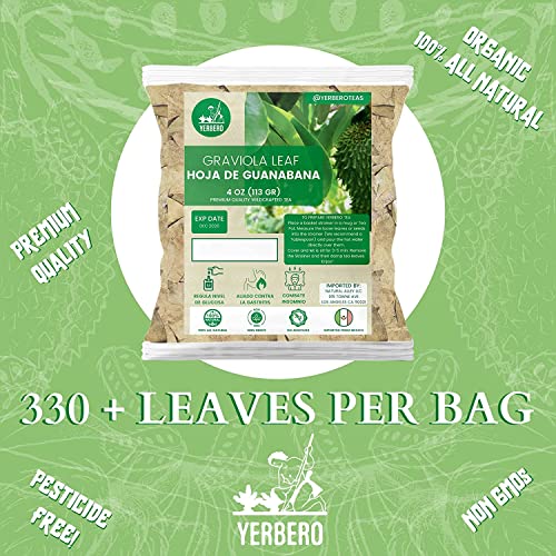 Yerbero - Hoja De Guanabana Entera ( .75 oz - 22gr ) Whole Dried Graviola Soursop Guanabana Leaves, Organic Whole Leaf ,100% All Natural Delicious| 20+ Servings | From Mexico | Premium Wildcrafted Quality.