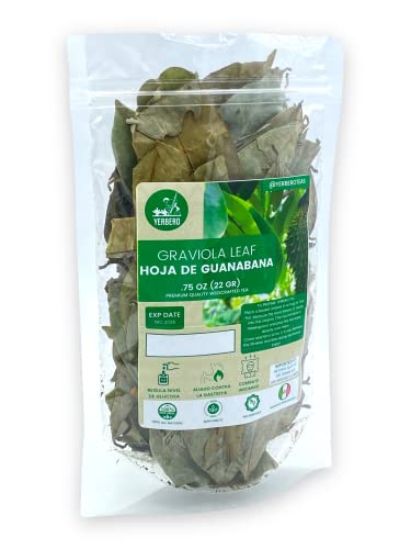 Yerbero - Hoja De Guanabana Entera ( .75 oz - 22gr ) Whole Dried Graviola Soursop Guanabana Leaves, Organic Whole Leaf ,100% All Natural Delicious| 20+ Servings | From Mexico | Premium Wildcrafted Quality.