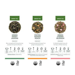 Teabloom USDA Certified Organic Loose Leaf Green Tea Trio Box -Green Sweet Jasmine, Minted Mango Peach, and Green Cherry Blossom - Radiant Greens Collection