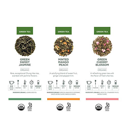 Teabloom USDA Certified Organic Loose Leaf Green Tea Trio Box -Green Sweet Jasmine, Minted Mango Peach, and Green Cherry Blossom - Radiant Greens Collection