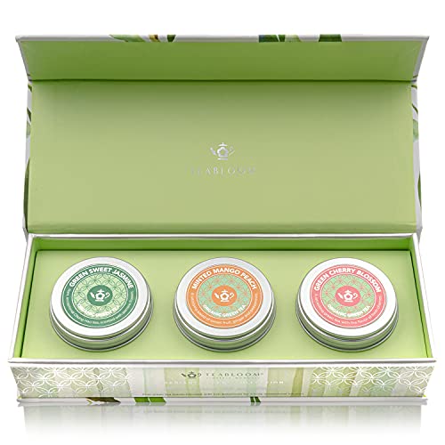 Teabloom USDA Certified Organic Loose Leaf Green Tea Trio Box -Green Sweet Jasmine, Minted Mango Peach, and Green Cherry Blossom - Radiant Greens Collection