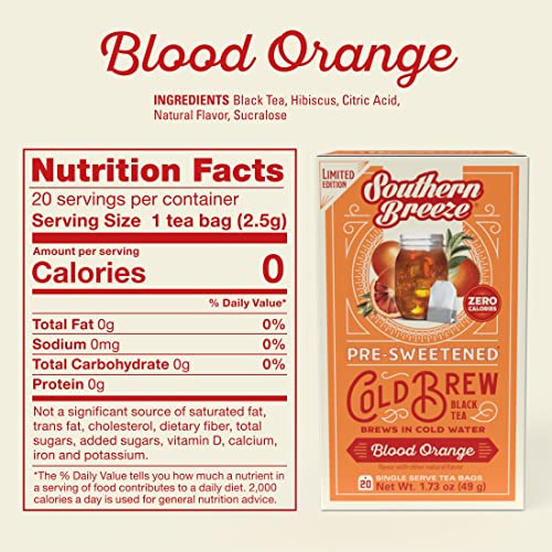 Southern Breeze Cold Brew Sweet Tea Blood Orange Iced Tea with Black Tea and Zero Carbs Zero Sugar, 20 Individually Wrapped Tea Bags (Pack of 2) Southern Sweet Tea Iced Tea Beverage