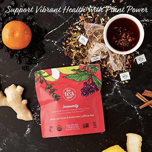 The Tea Spot Organic Immunity Tea with Natural Vitamin C for Immune Support & Sore Throat | Blend of Adaptogens, Elderberry, Orange Peel, Ginger, Basil, Lemon Peel & Valerian Root | Caffeine-Free 15 Tea Bags