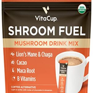 VitaCup Shroom Fuel, Mushroom Based Coffee Alternative Packets, Mushroom Coffee Substitute w/Cacao, Cinnamon, Chaga, Lions Mane, & Maca for Energy, Immune Support, & Focus, 24 ct