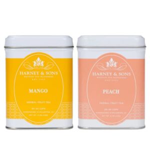 harney & sons loose herbal fruit tea mothers day variety gift set (2 pack, 8oz total) – mango & peach fruit tea – hibiscus, rosehips, apple pieces & natural orange and citrus flavors – caffeine-free