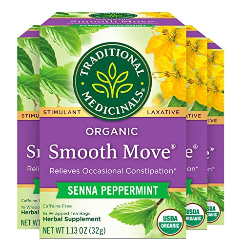 Traditional Medicinals Organic Smooth Move Senna Peppermint Herbal Tea, Relieves Occasional Constipation, (Pack of 4) - 64 Tea Bags