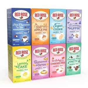 red rose sweet temptations dessert tea variety pack, zero sugar, caffeine-free flavored delicious beverage herbal tea, 18 count pack of 8 fruit naturally flavored black tea gift set