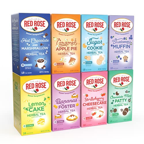 Red Rose Sweet Temptations Dessert Tea Variety Pack, Zero Sugar, Caffeine-Free Flavored Delicious Beverage Herbal Tea, 18 Count Pack of 8 Fruit Naturally Flavored Black Tea Gift Set