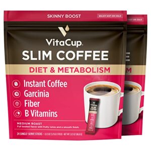 vitacup slim instant coffee packets, boost diet & metabolism with ginseng, garcinia, b vitamins, skinny coffee, bold & smooth, medium dark roast, 100% arabica coffee in single serve sticks, 48 ct