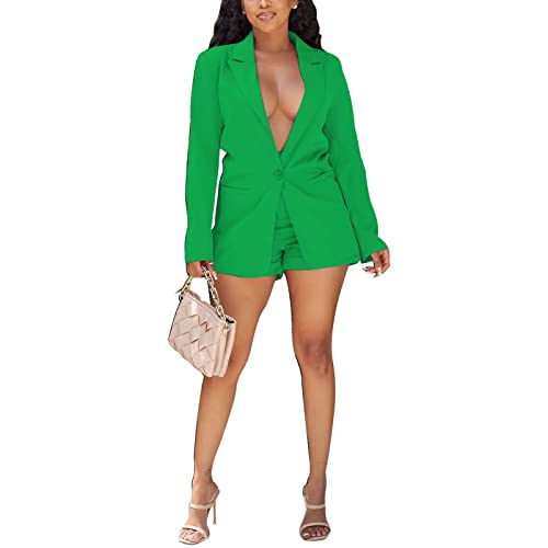 Women 2 Piece Sexy Shorts and Blazer Outfit Open Front V Neck Long Sleeve Formal Business Suit Set Green