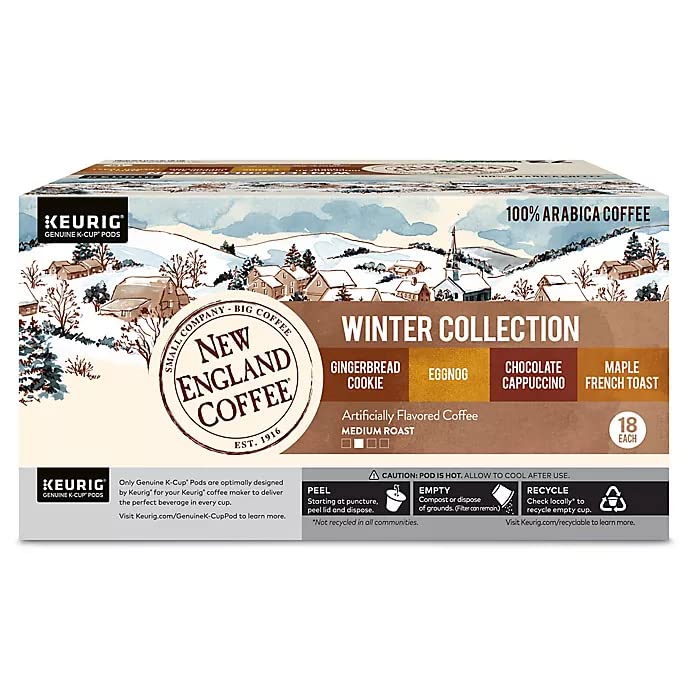 New England Coffee Winter Collection Variety Pack Keurig K-Cup Pods: Flavors Gingerbread Cookie, Eggnog, Maple French Toast and Chocolate Cappuccino, 72-Count