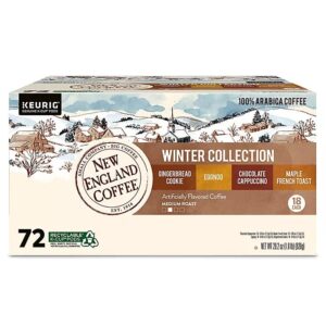 New England Coffee Winter Collection Variety Pack Keurig K-Cup Pods: Flavors Gingerbread Cookie, Eggnog, Maple French Toast and Chocolate Cappuccino, 72-Count