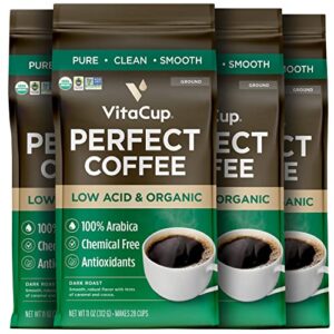 vitacup perfect low acid coffee ground, usda organic & fair trade, mycotoxin free, dark roast guatemala single origin, clean & pure for drip coffee brewers and french press, 4 bags, 11oz each