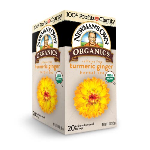 Newman’s Own Organic Turmeric Ginger Herbal Tea Caffeine-Free May Aid Digestion and Boost Immunity Turmeric Tea with 20 Individually Wrapped Tea Bags Per Box USDA Certified