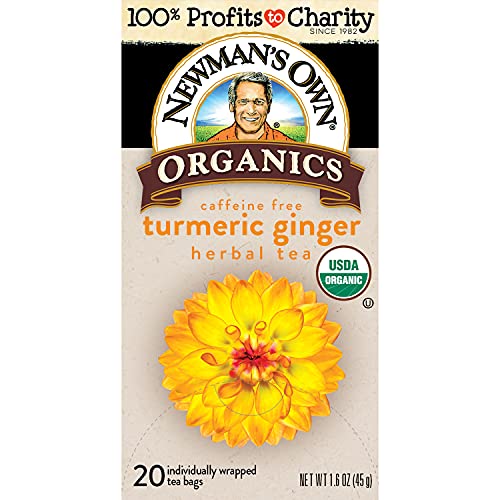 Newman’s Own Organic Turmeric Ginger Herbal Tea Caffeine-Free May Aid Digestion and Boost Immunity Turmeric Tea with 20 Individually Wrapped Tea Bags Per Box USDA Certified