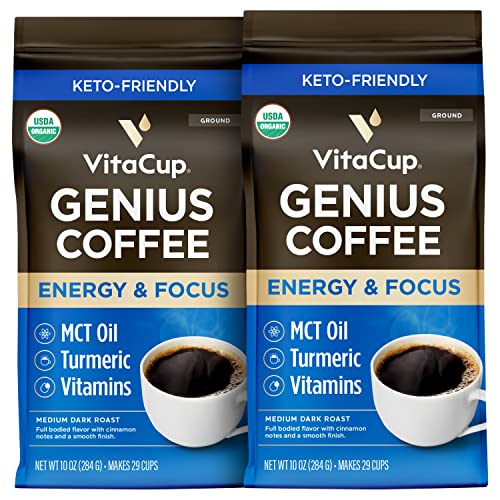 VitaCup Organic Genius Ground Keto Coffee, Increase Energy & Focus w/MCT Oil, Turmeric, B Vitamins, D3, USDA Organic Ground Coffee Medium Dark Roast, 100% Arabica Coffee Grounds, 2 bags, 10 oz each