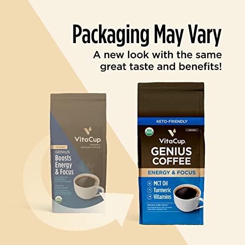 VitaCup Organic Genius Ground Keto Coffee, Increase Energy & Focus w/MCT Oil, Turmeric, B Vitamins, D3, USDA Organic Ground Coffee Medium Dark Roast, 100% Arabica Coffee Grounds, 2 bags, 10 oz each