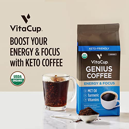 VitaCup Organic Genius Ground Keto Coffee, Increase Energy & Focus w/MCT Oil, Turmeric, B Vitamins, D3, USDA Organic Ground Coffee Medium Dark Roast, 100% Arabica Coffee Grounds, 2 bags, 10 oz each