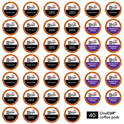 San Francisco Bay Compostable Coffee Pods - Variety Pack Flavored (40 Ct) K Cup Compatible including Keurig 2.0, Hazelnut, Cinnamon, Caramel, Vanilla Flavored Coffee