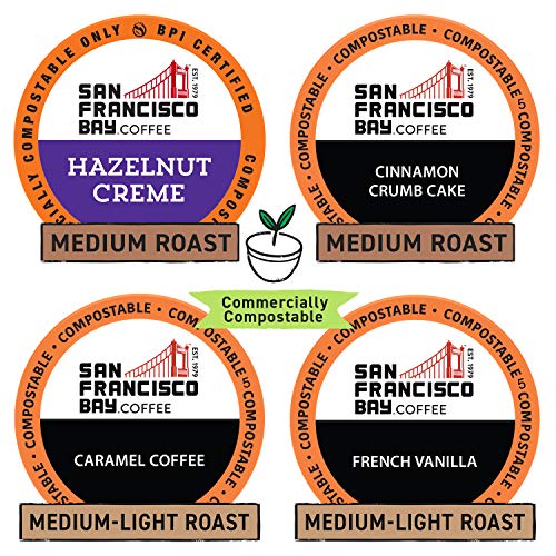 San Francisco Bay Compostable Coffee Pods - Variety Pack Flavored (40 Ct) K Cup Compatible including Keurig 2.0, Hazelnut, Cinnamon, Caramel, Vanilla Flavored Coffee