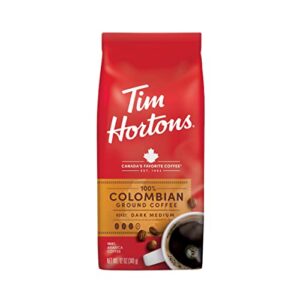 tim hortons colombian, medium-dark roast ground coffee, perfectly balanced, always smooth, made with 100% arabica beans, 12 ounce bag