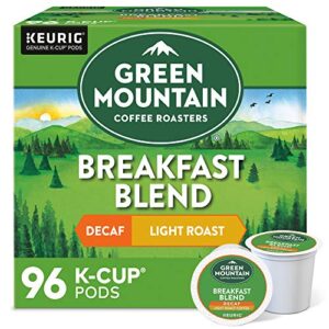 green mountain coffee roasters breakfast blend decaf, single-serve keurig k-cup pods, light roast coffee pods, 24 count (pack of 4)