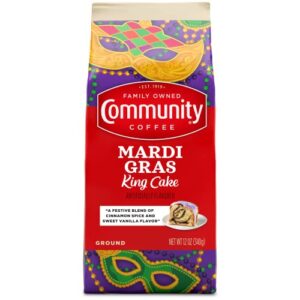 community coffee mardi gras king cake flavored 12 ounces, medium roast ground coffee, 12 ounce bag (pack of 1)