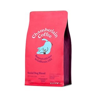 chamberlain coffee social dog blend, full bodied organic coffee with complex yet smooth notes of milk chocolate, roasted peanuts, brown sugar, graham cracker, fresh ground 12oz