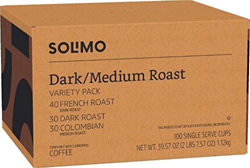 Amazon Brand - Solimo Assorted pack (French, Dark, Colombian) single serve cups, 100 ct