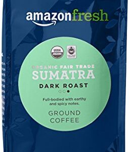 AmazonFresh Organic Fair Trade Sumatra Ground Coffee, Dark Roast, 12 Ounce