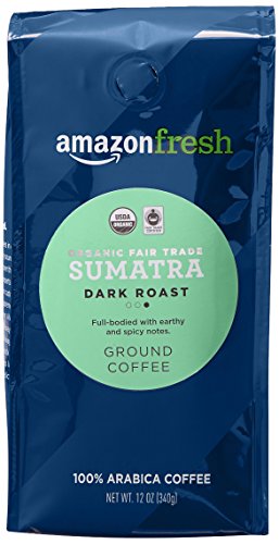 AmazonFresh Organic Fair Trade Sumatra Ground Coffee, Dark Roast, 12 Ounce