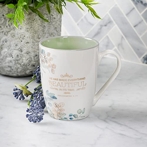 Christian Art Gifts Ceramic Encouraging Coffee and Tea Mug for Women: Made Everything Beautiful - Ecclesiastes 3:11 Inspiration Bible Verse for Hot and Cold Beverages, White and Sage Green, 12 oz.