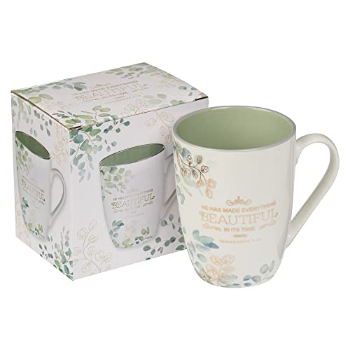 Christian Art Gifts Ceramic Encouraging Coffee and Tea Mug for Women: Made Everything Beautiful - Ecclesiastes 3:11 Inspiration Bible Verse for Hot and Cold Beverages, White and Sage Green, 12 oz.