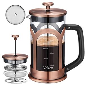 veken french press coffee & tea maker, 304 stainless steel heat resistant borosilicate glass coffee press, durable easy clean 100% bpa free, 21oz, copper