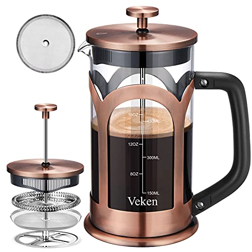 Veken French Press Coffee & Tea Maker, 304 Stainless Steel Heat Resistant Borosilicate Glass Coffee Press, Durable Easy Clean 100% BPA Free, 21oz, Copper