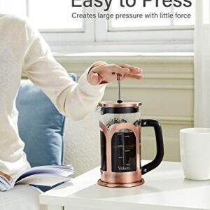 Veken French Press Coffee & Tea Maker, 304 Stainless Steel Heat Resistant Borosilicate Glass Coffee Press, Durable Easy Clean 100% BPA Free, 21oz, Copper