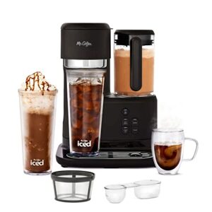 mr. coffee single-serve 3-in-1 iced and hot coffee and tea maker and blender with reusable filter, scoop, recipe book, 2 tumblers, lids and straws