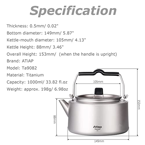 ATiAP Titanium Kettle Coffee Tea Pot 0.6L/ 1L with Mesh Bag Portable for Outdoor Camping (Ta9082-1L)