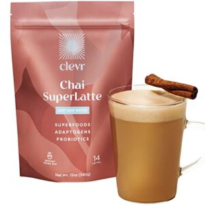 clevr blends chai tea latte, oat milk instant latte mix, powder latte black tea organic spices, coconut milk superfood creamer, superlatte with adaptogens, reishi mushrooms, lions mane and probiotics