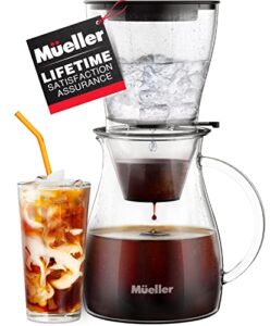 mueller quickbrew smooth cold brew coffee and tea maker 47 oz, dripper iced coffee brewer maker with adjustable water flow, stainless steel filter, borosilicate glass carafe