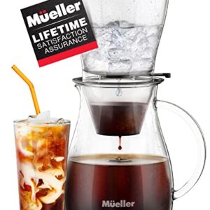 Mueller QuickBrew Smooth Cold Brew Coffee and Tea Maker 47 oz, Dripper Iced Coffee Brewer Maker with Adjustable Water Flow, Stainless Steel Filter, Borosilicate Glass Carafe