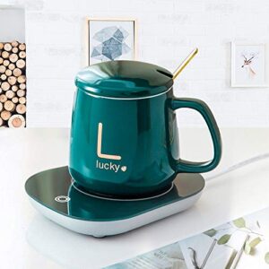 Lucky Smart Coffee Mug Warmer with (Ceramic) Cup (USB Cable) & Cup Warmer Set for Desk with Gravity Sensing Auto Shut Off Heating Plate for Home Office Milk Tea Christmas/St. Patrick's Day Gift