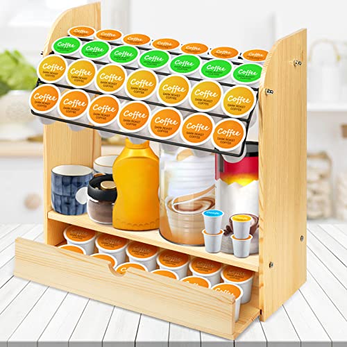 K Pod Holder - Pine Wood Coffee Essentials Organizer Station Compatible with K-Cups, Large Capacity Tea Bar Holder Coffee Accessories Storage for Home Office Kitchen Countertop