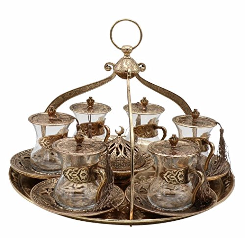 Traditional Ottoman Style Turkish Tea Set for 6 with a Middle Eastern Bazaar Style Tray (Antique Gold)